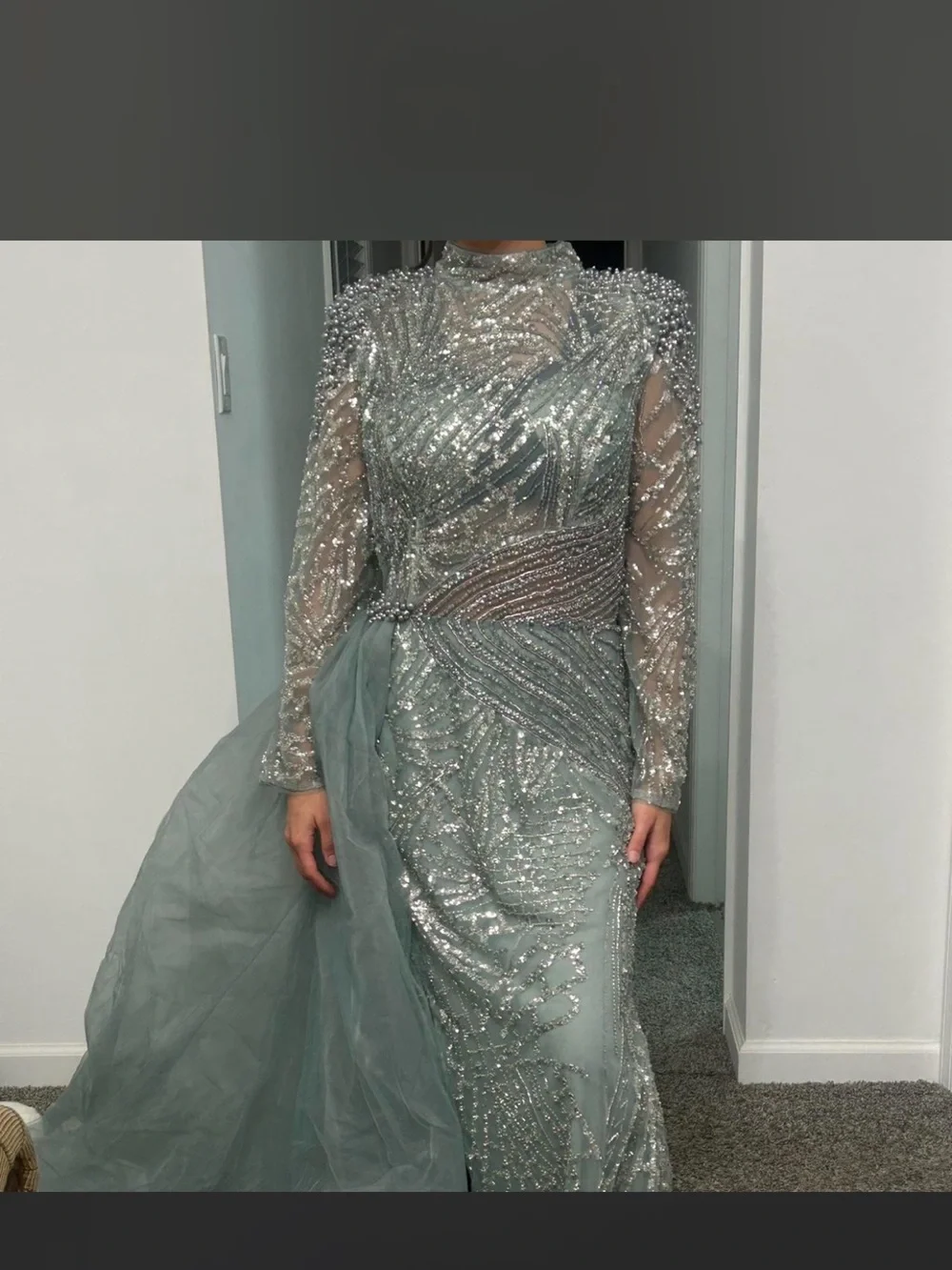 Dresses | Embellished Sheer Longsleeve Evening Gown In Sage Green ...